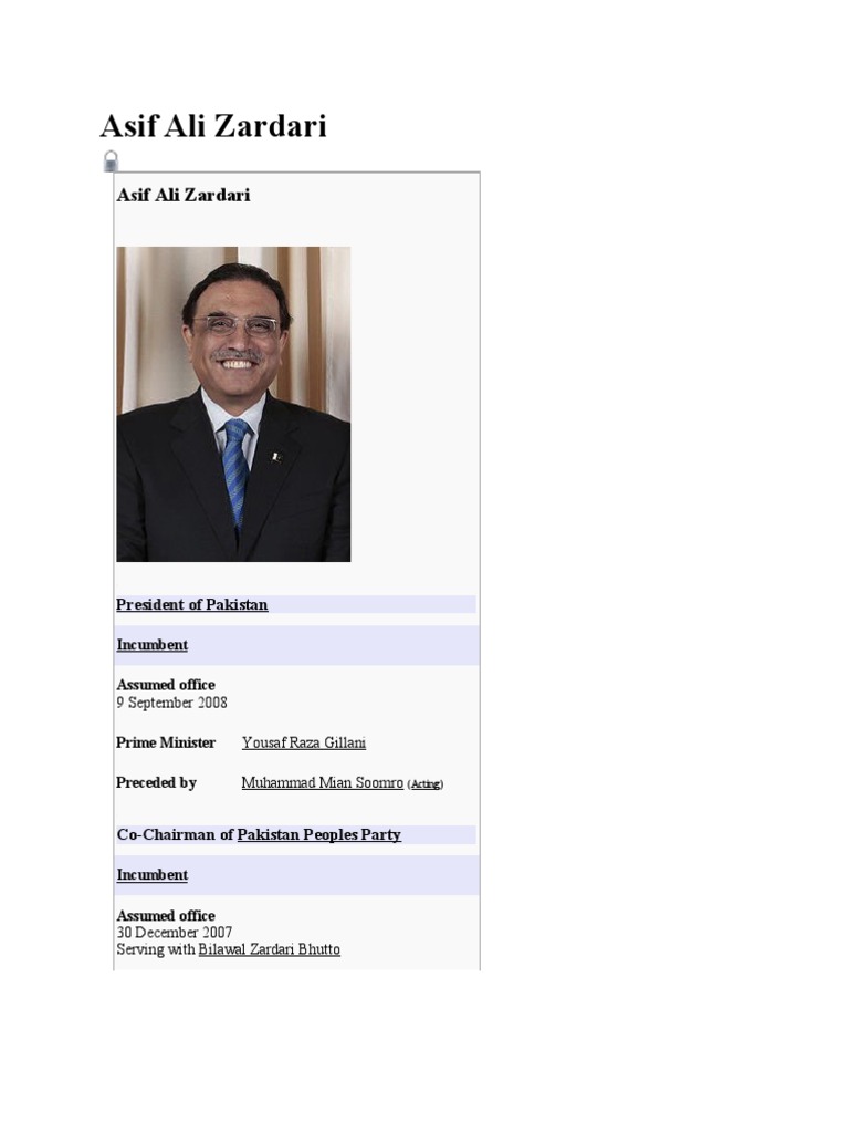Asif Ali Zardari's wikipedia | Pakistan Peoples Party | Benazir Bhutto