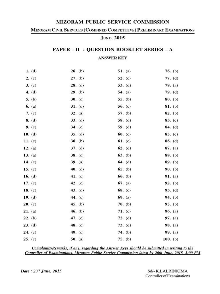 Mcs Combined 2015 Preliminary Exam Paper II Series A Answer Key PDF | PDF