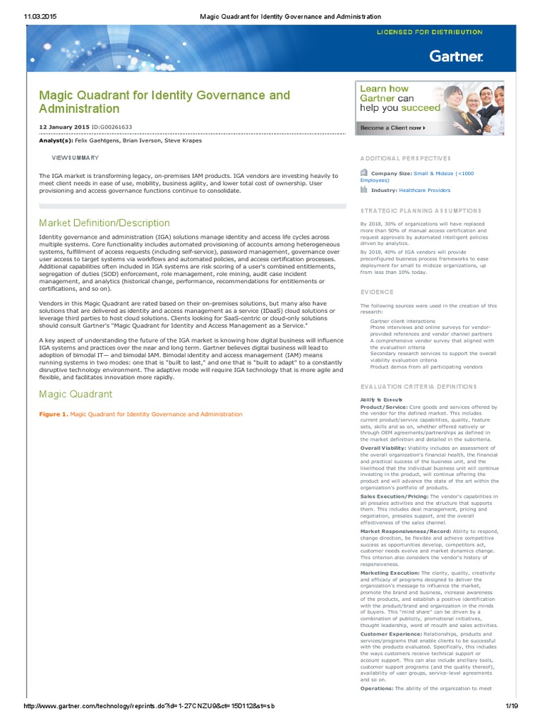Magic Quadrant For Identity Governance and Administration PDF | PDF ...