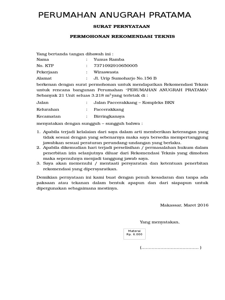 Contoh SURAT PERNYATAAN Permohonan Rekomendasi Peruntukan Lahan | PDF