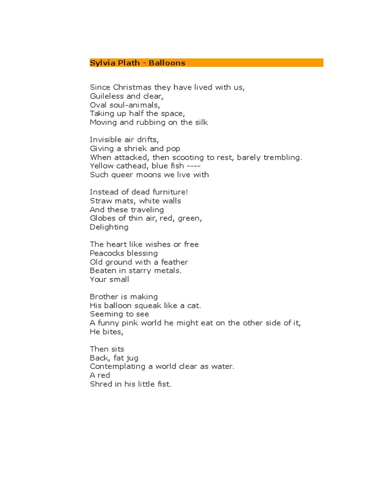 Plath's Balloons - An analysis of Sylvia Plath's poem | PDF