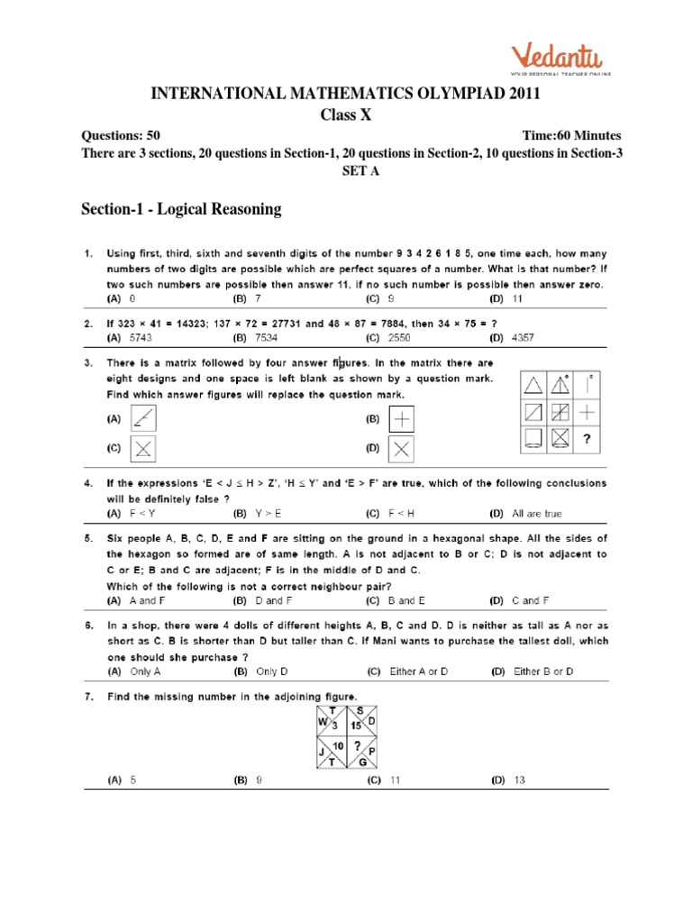 International Mathematics Olympiad 2011 Class X: Questions: 50 Time:60 ...