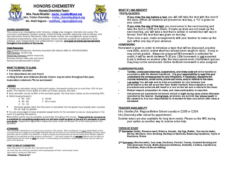 Honors Chemistry Course Guidelines | PDF | Chemical Bond | Test ...