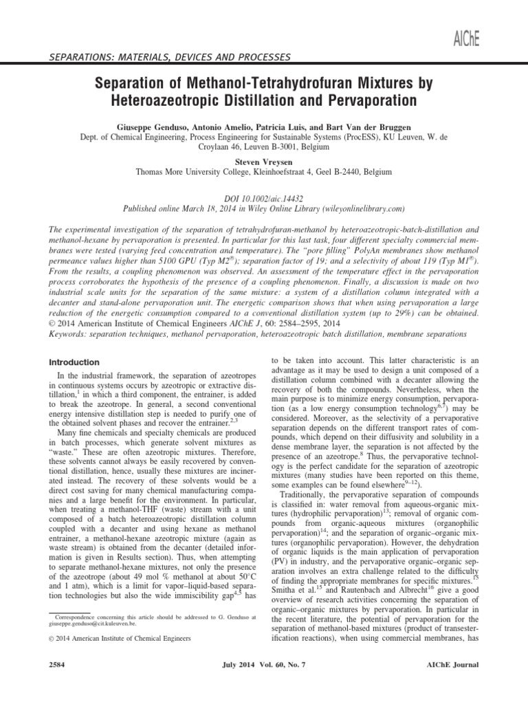 Separation of Methanol-Tetrahydrofuran Mixtures by Heteroazeotropic Distillation and ...