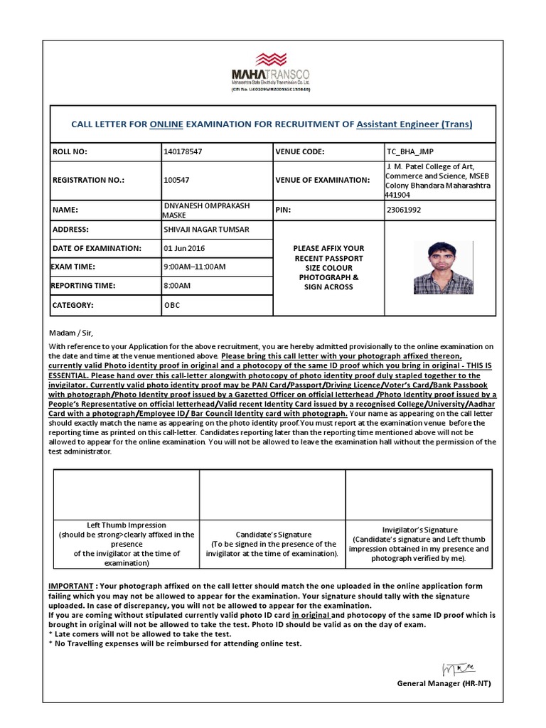 Mahatransco AdmitCard | PDF | Identity Document | Test (Assessment)