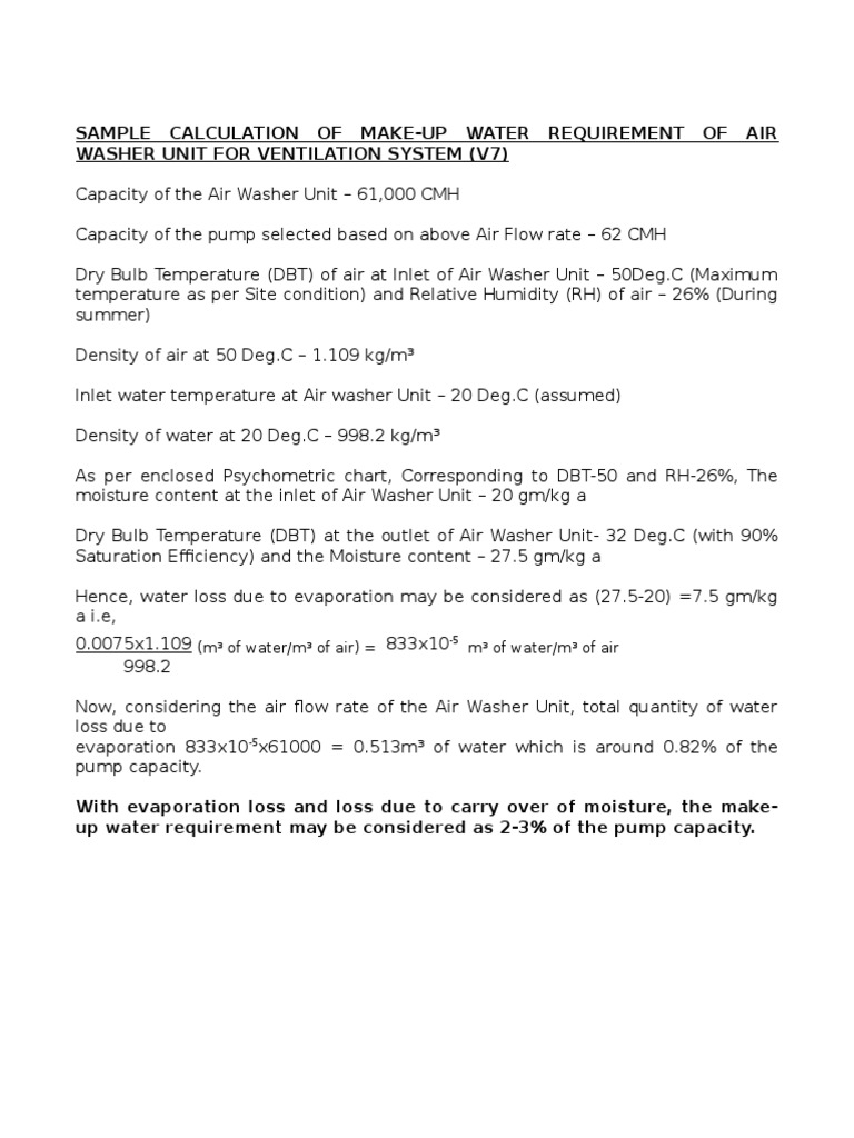 Make-Up Water Calculation for Air Washer | PDF
