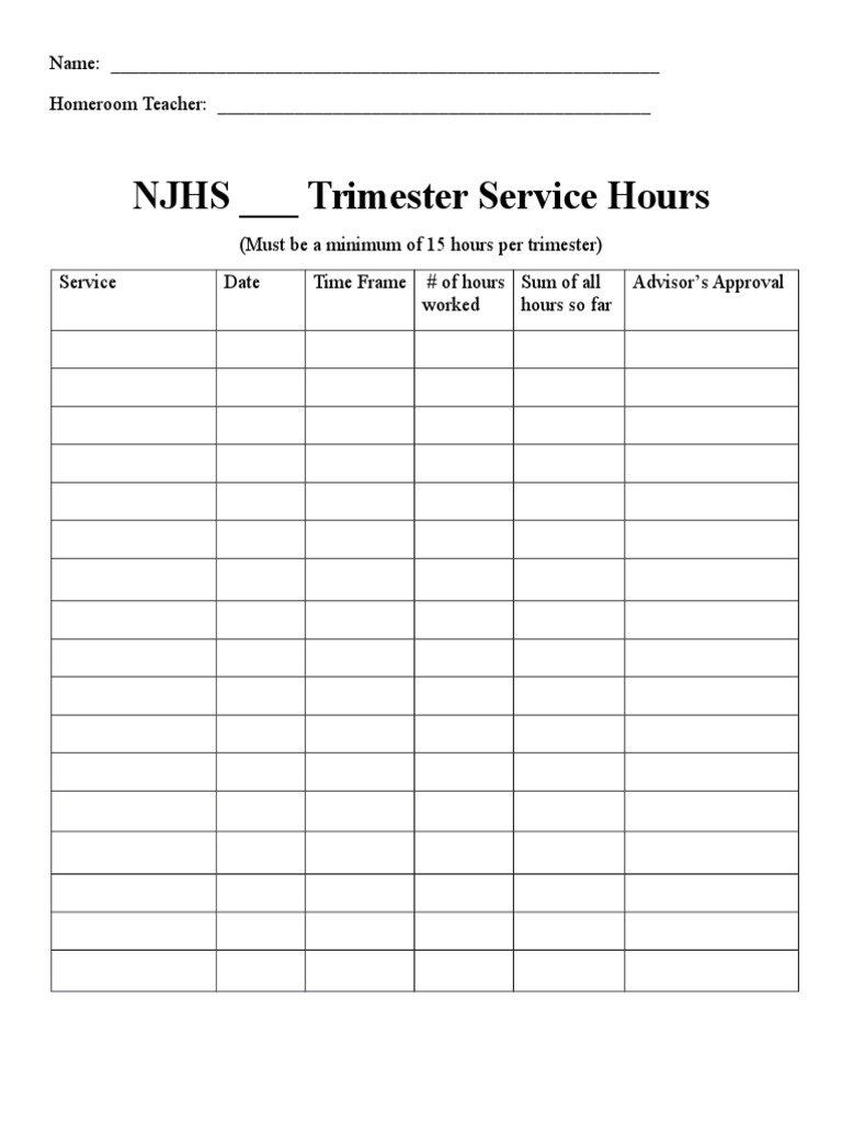 NJHS Service Hours Tracking Form | PDF