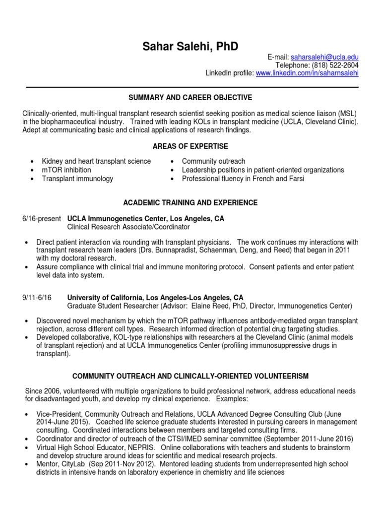 Medical Science Liaison in Los Angeles CA Resume Sahar Salehi | PDF ...