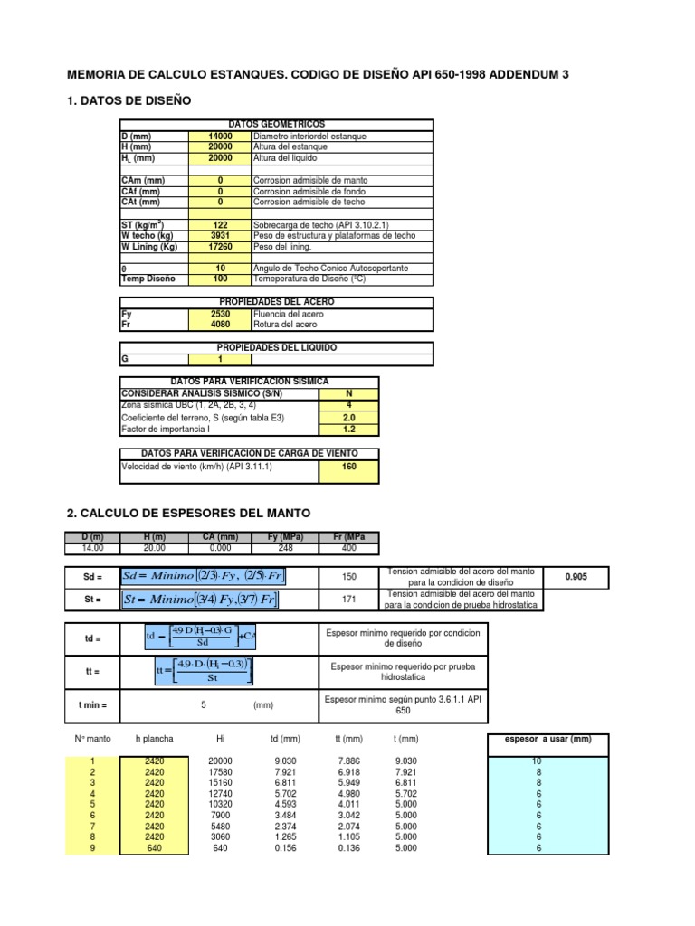 Calculo Tanque API 650 2016 | PDF | Unidades de medida | Cantidades fisicas