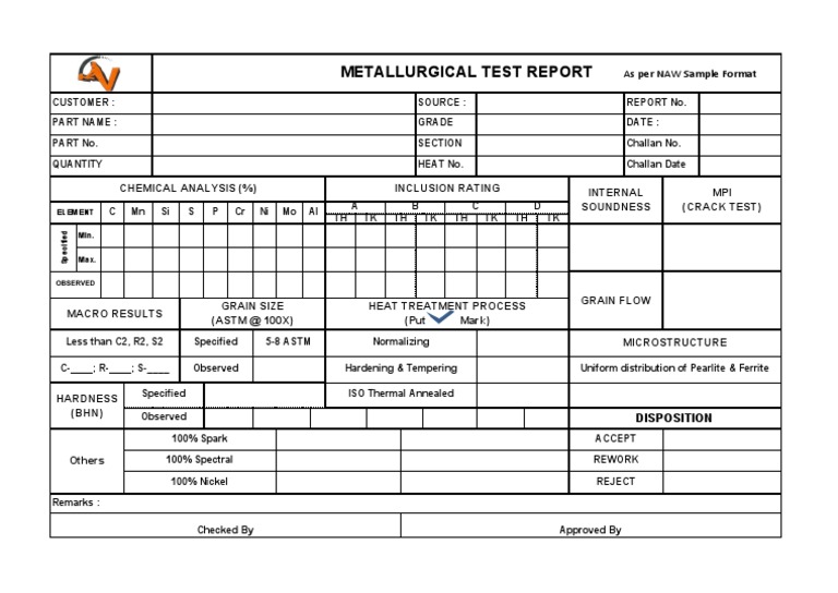 Metallurgical Test Report: Chemical Analysis (%) Inclusion Rating ...