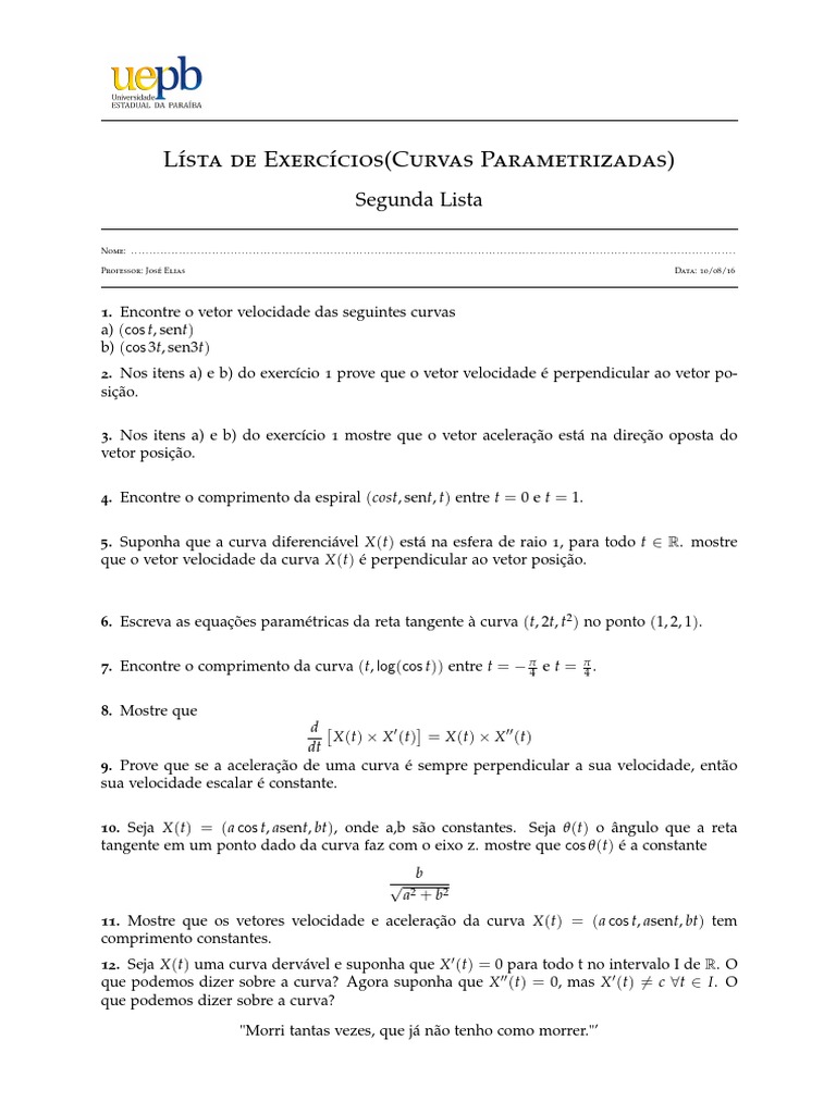 Lista de Exercícios (Curvas Parametrizadas) | PDF
