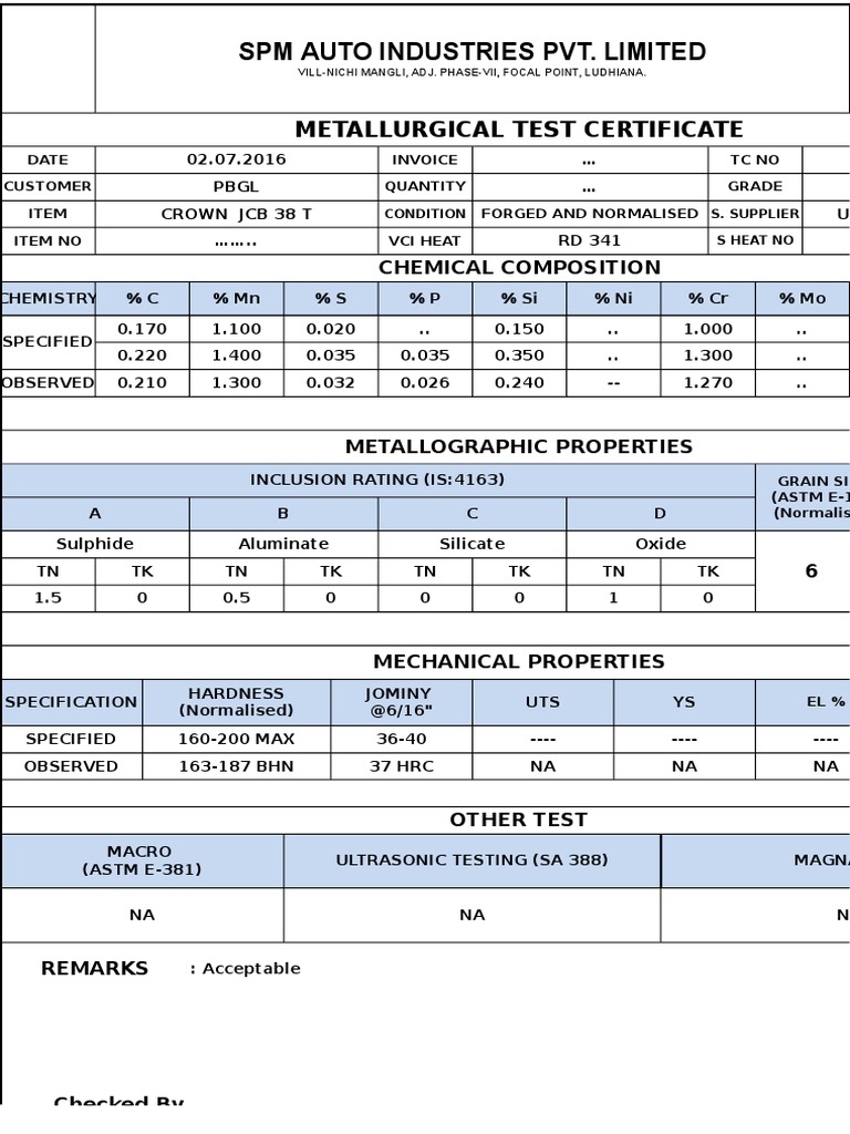 Metallurgical Test Certificate Summary | PDF | Technology & Engineering