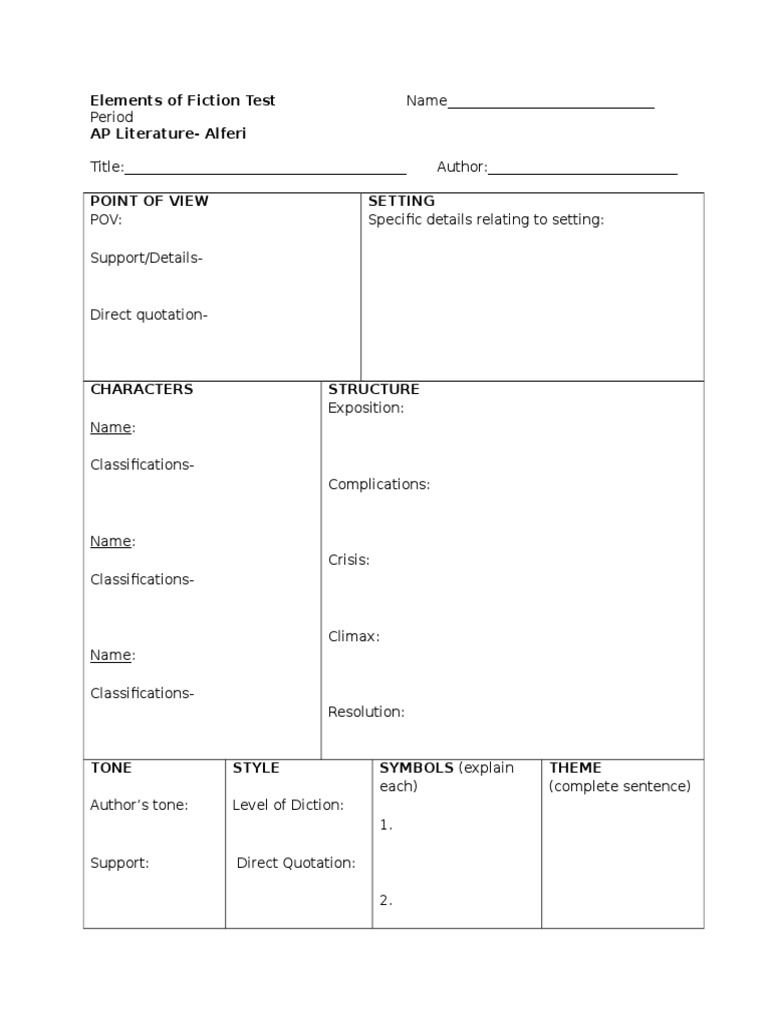 Elements of Fiction Test AP Literature-Alferi | PDF