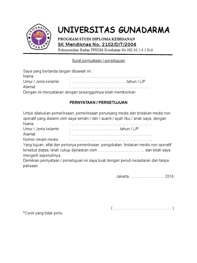 Surat Pernyataan Persetujuan Medis | PDF