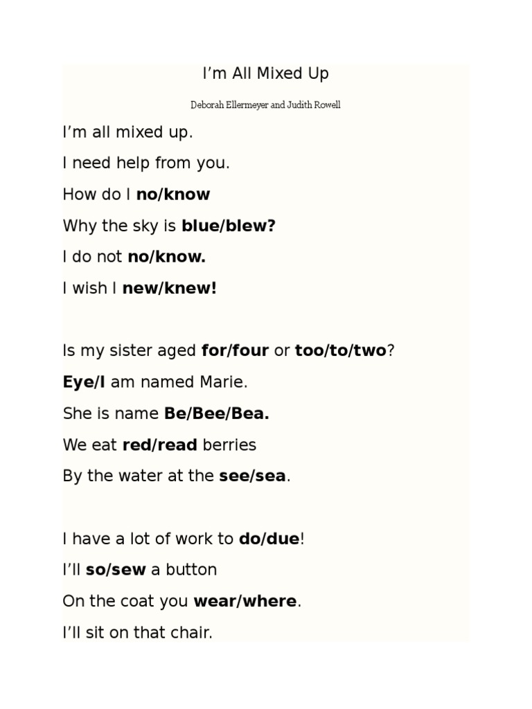 Im All Mixed Up Poem Homonyms | PDF