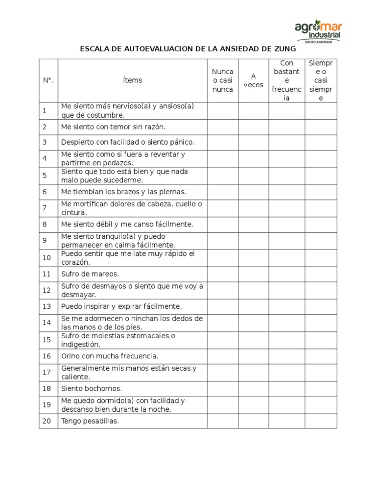 Escala de Autoevaluacion de La Ansiedad de Zung Agromar Industrial