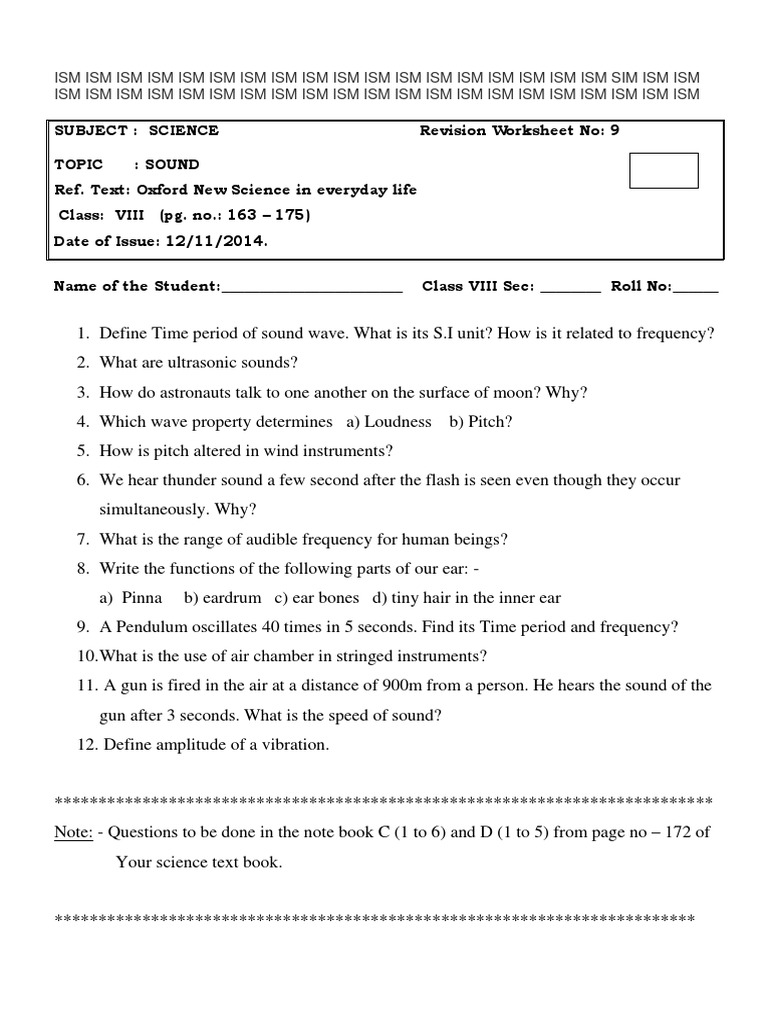 Sound Worksheet for Class 8 | PDF | Sound | Frequency