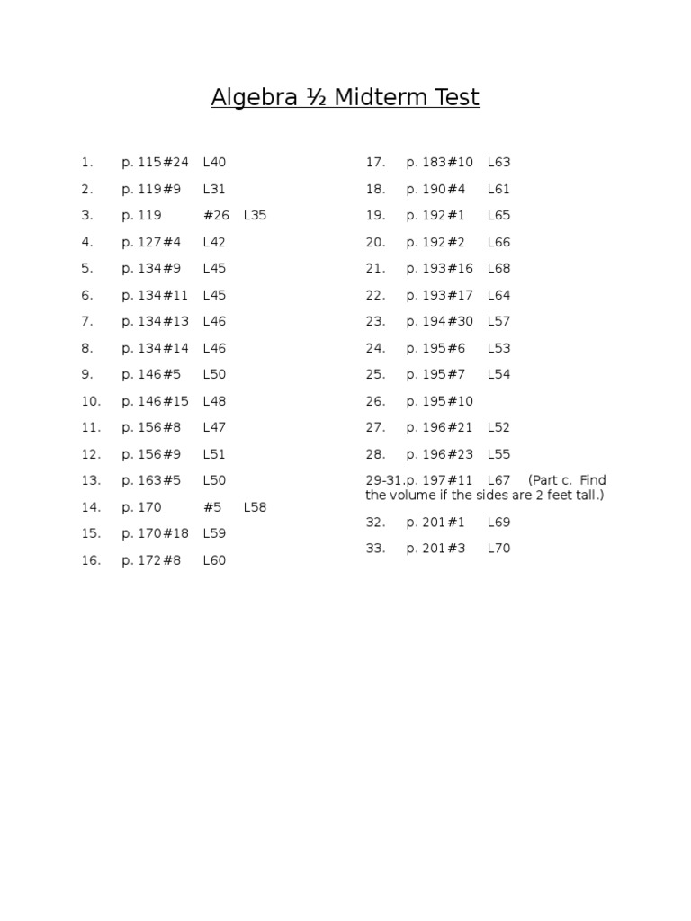 Algebra ½ Midterm Test Questions | PDF