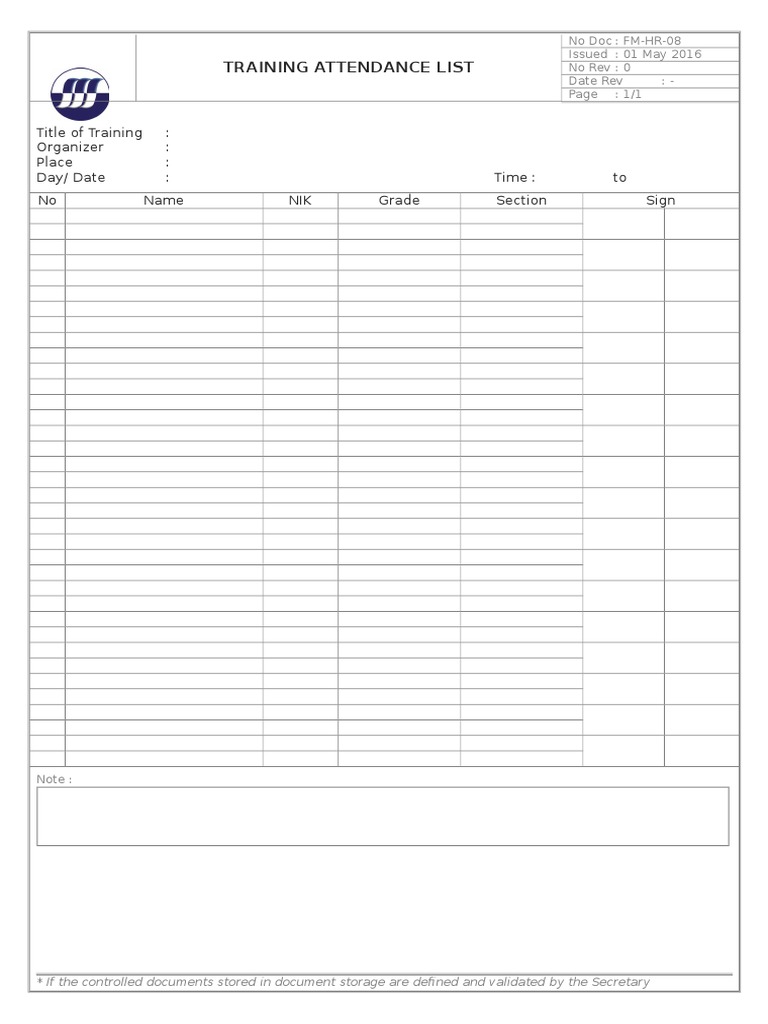 Training Attendance List: Title of Training: Organizer: Place: Day ...