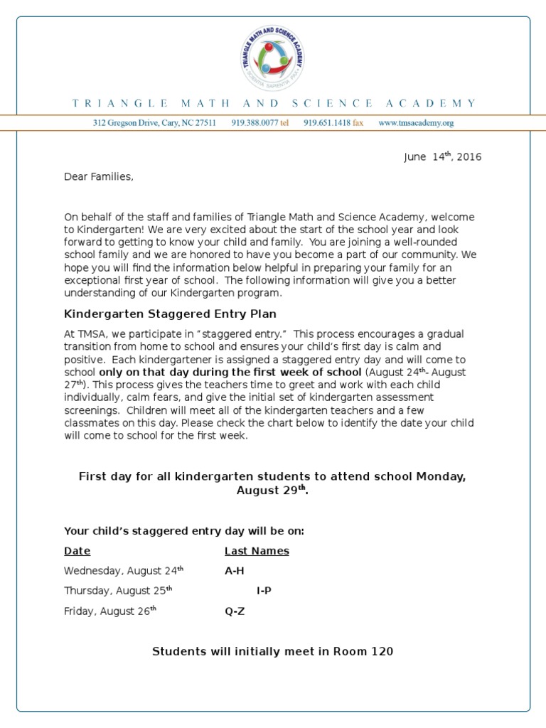 K Staggered Entry Letter | PDF | Bus | Kindergarten