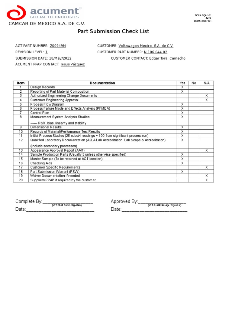 Part Submission Check List: Camcar de Mexico S.A. de C.V | PDF