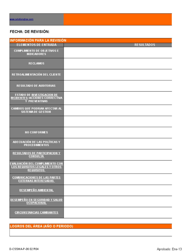 Formato de Revisión Por La Alta Dirección - Editable | PDF