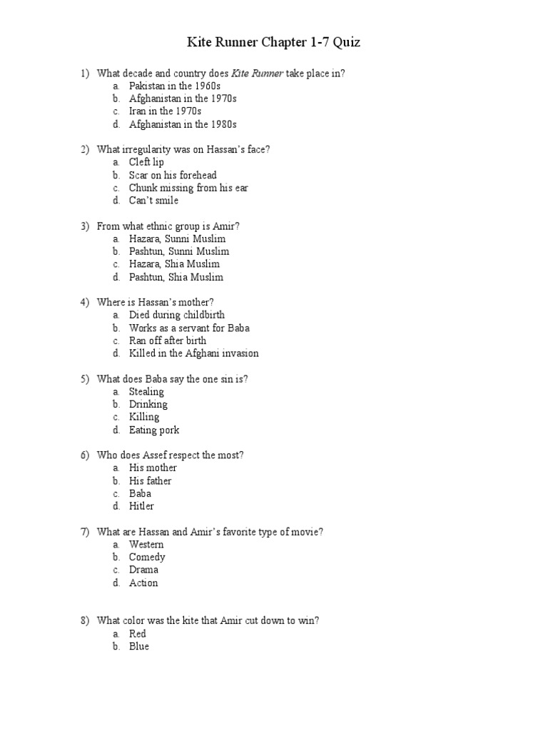 Kite Runner Quiz | PDF