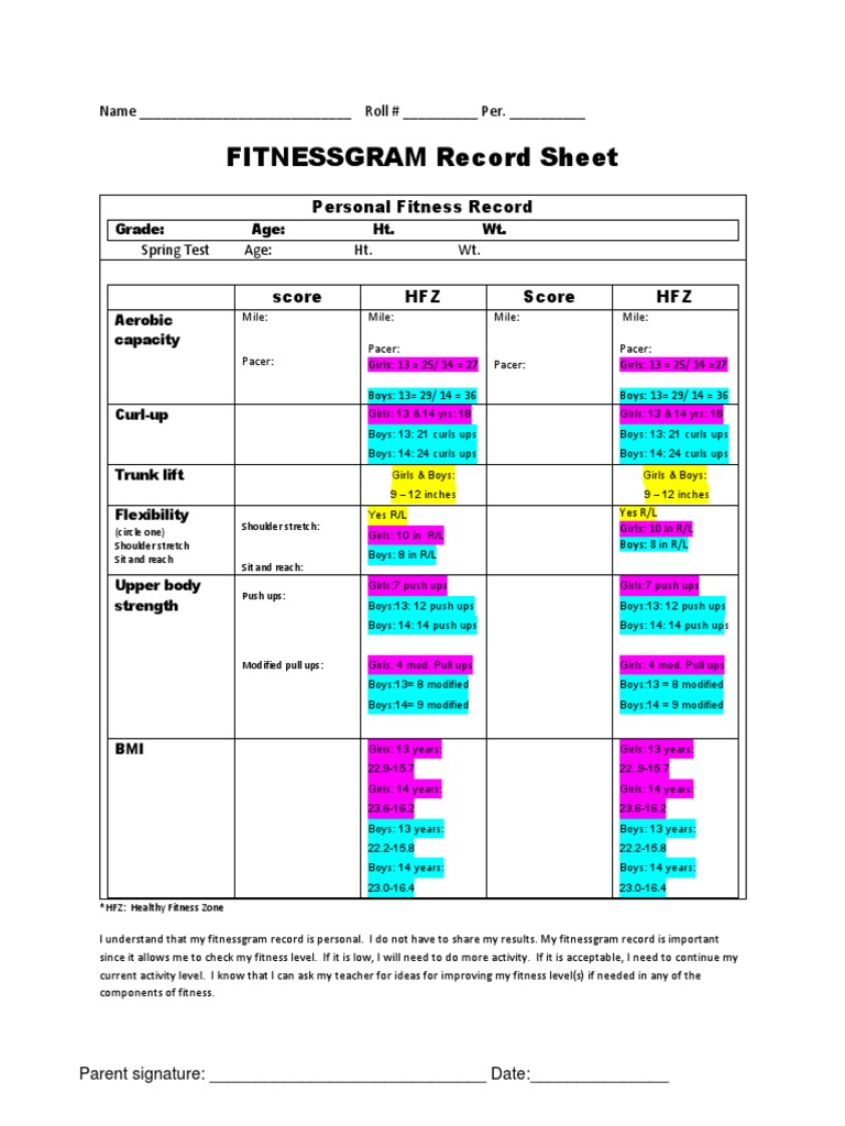 Fitnessgram Record Sheet | PDF