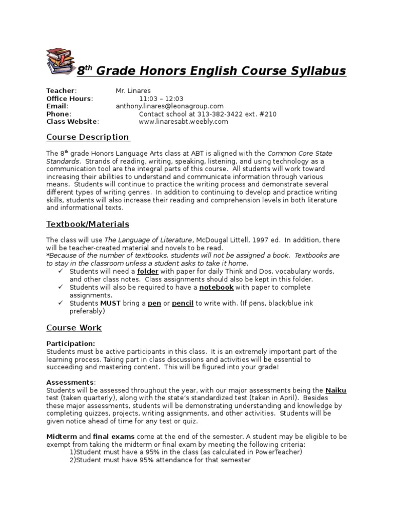 8th Grade English Course Syllabus | PDF | Test (Assessment ...