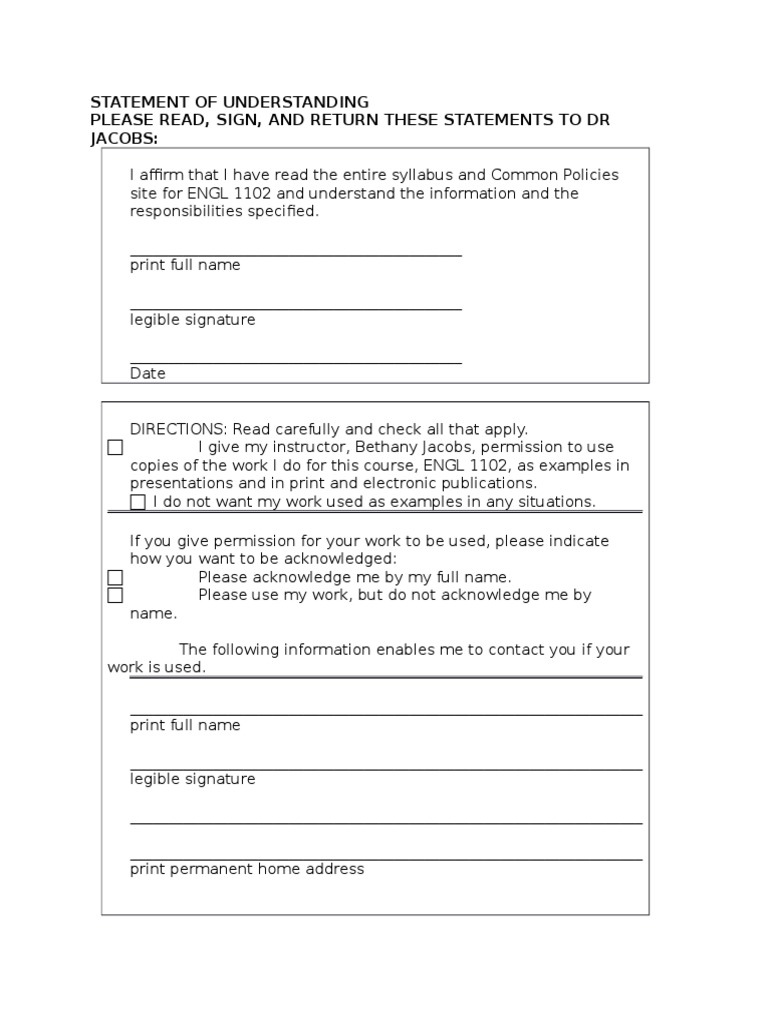 Statement of Understanding Please Read, Sign, and Return These ...