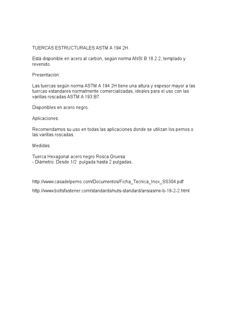 Tuercas Estructurales Astm A 194 2h | PDF