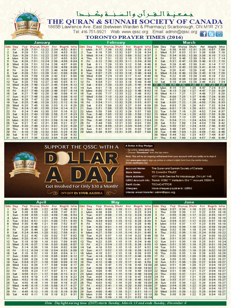 The Quran & Sunnah Society of Canada: Toronto Prayer Times (2016 ...