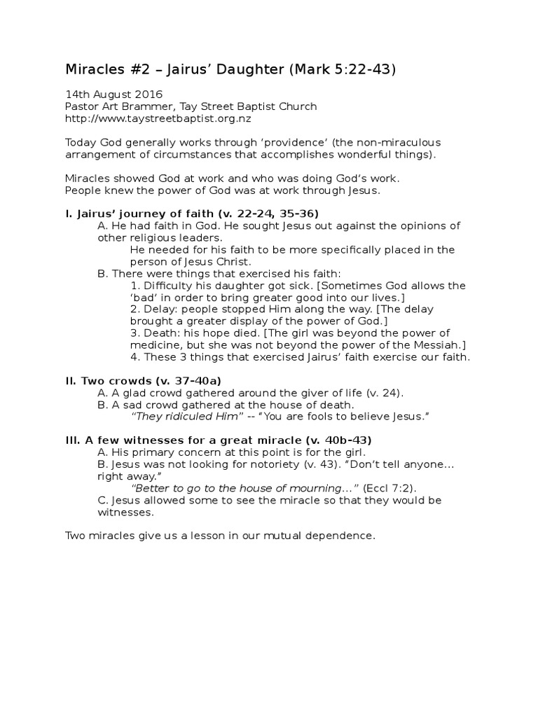 Miracles #2 - Jairus' Daughter (Mark 5:22-43) | PDF