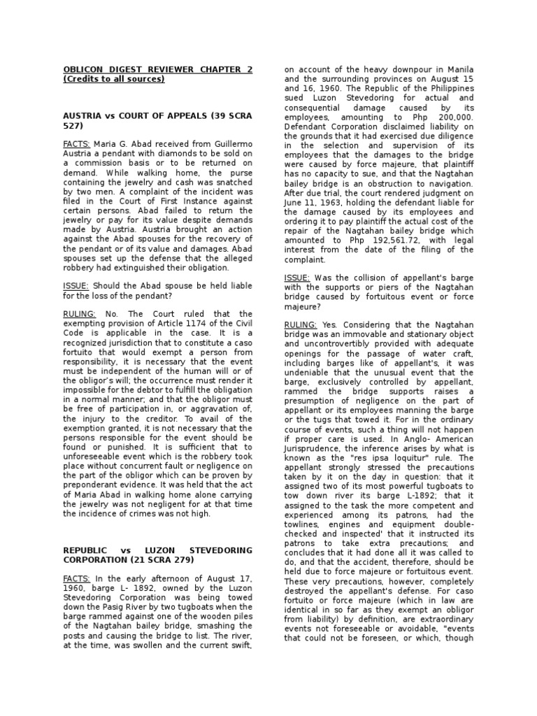 OBLICON DIGEST REVIEWER CHAPTER 2 CASE SUMMARIES | PDF | Damages | Law ...