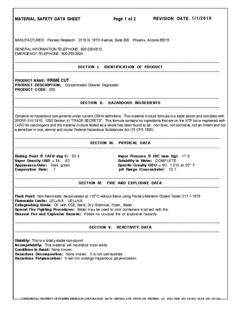 Prime Cut Msds | PDF | Materials | Chemistry