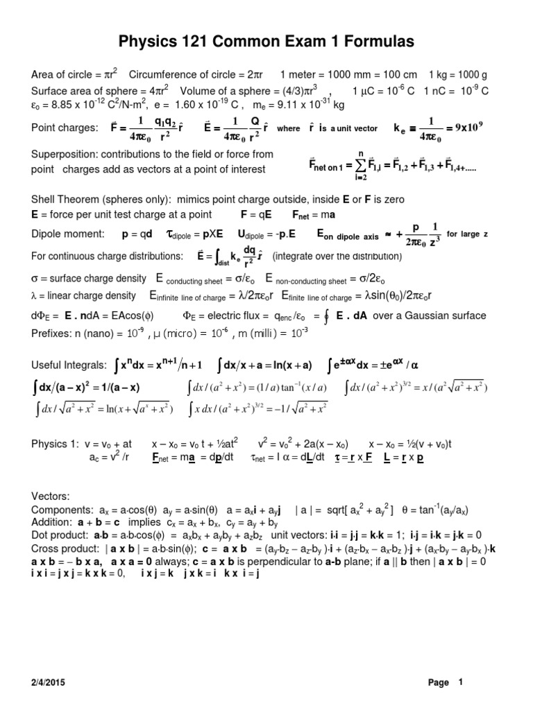 Physics 121 Exam 1 Formulas Guide | PDF