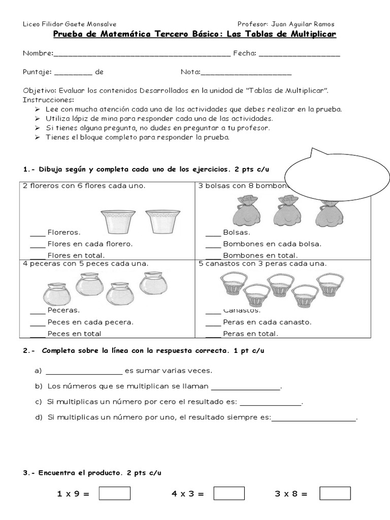 Prueba de 3° Básico, Las Multiplicaciones | PDF | Métodos y materiales ...