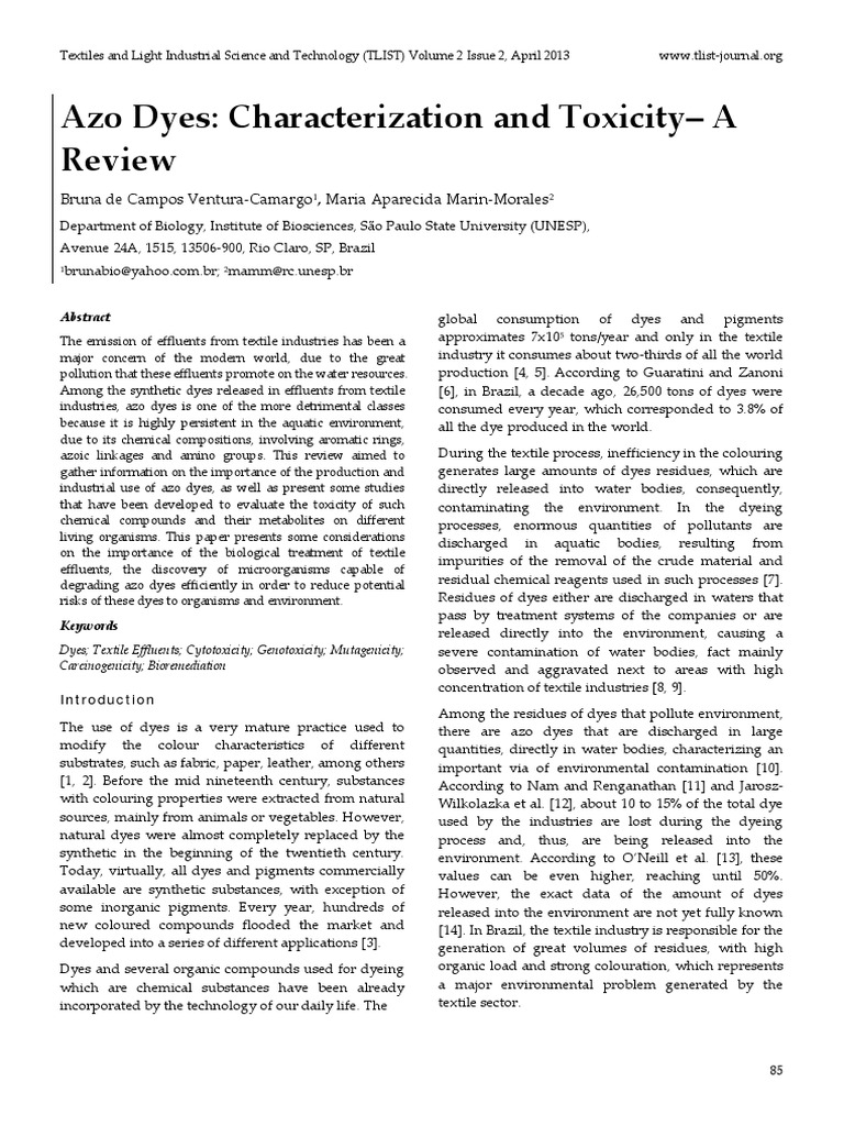 Azo Dyes: Characterization and Toxicity - A Review | PDF | Dye | Mutagen