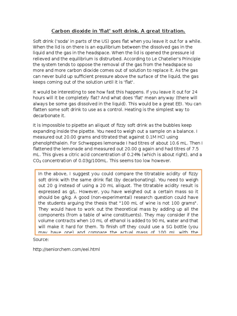 Carbon Dioxide in 'Flat' Soft Drink. A Great Titration | PDF | Wellness ...