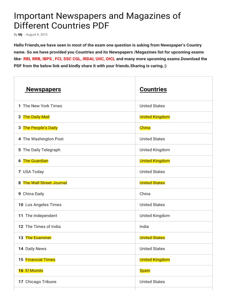Important Newspapers and Magazines of Different Countries PDF | PDF ...