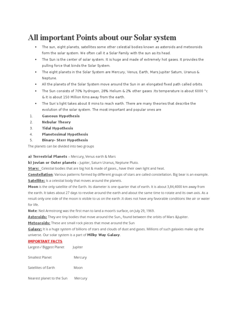 All Important Points About Our Solar System | PDF