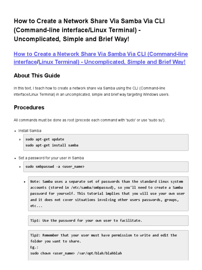 How To Create A Network Share Via Samba Via Cli Command Line Interface Linux Terminal