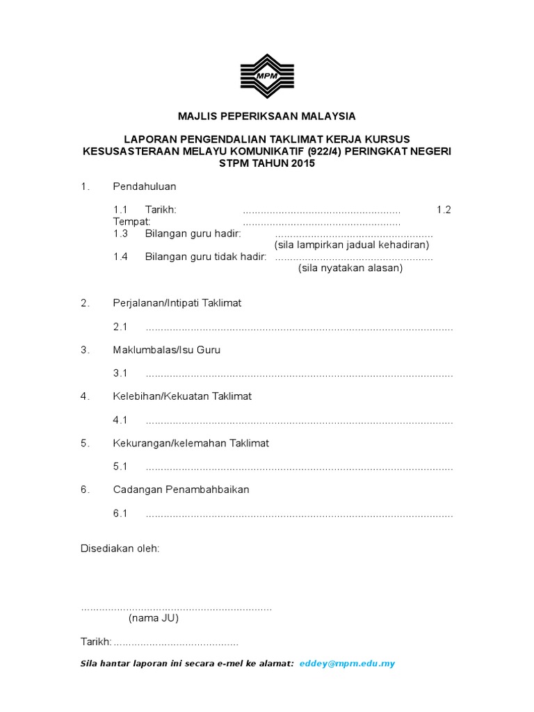 Format Laporan Taklimat Kerja Kursus Negeri 2015 | PDF