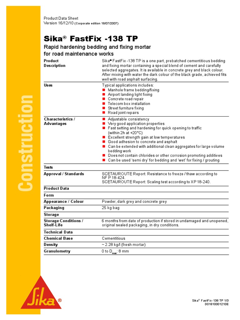 Sika PDS - E - Sika FastFix - 138 TP PDF | PDF | Mortar (Masonry ...