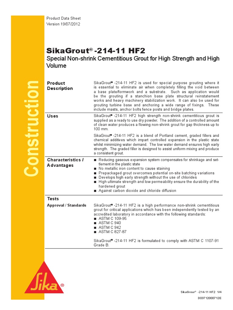 Sika PDS - E - SikaGrout - 214-11 HF2 PDF | PDF | Pump | Yield (Engineering)