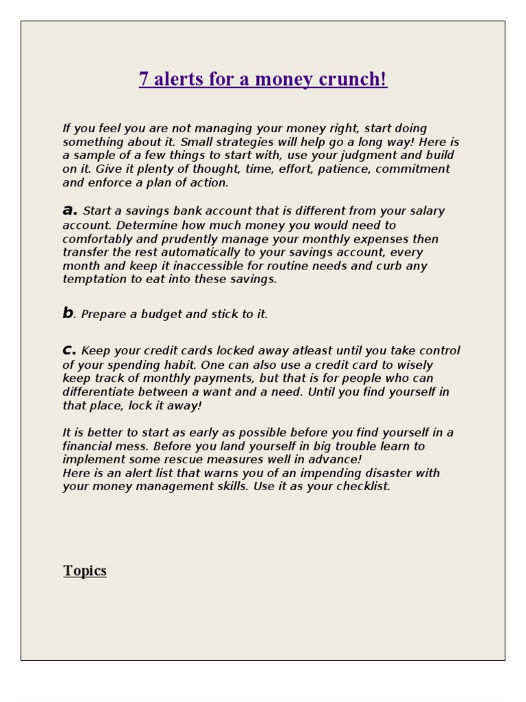 7 Alerts For A Money Crunch | PDF | Credit Card | Loans