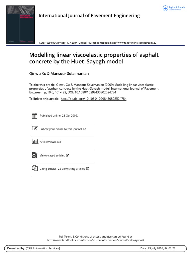 Modelling Linear Viscoelastic Properties of Asphalt Concrete by The Huet Sayegh Model | PDF ...