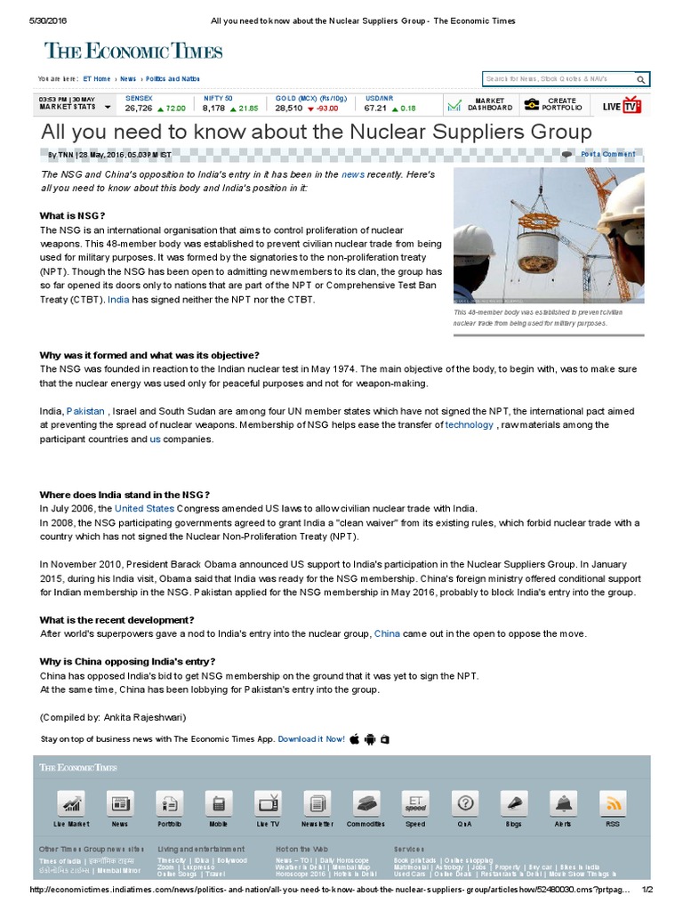 All You Need To Know About The Nuclear Suppliers Group - The Economic Times | PDF | Treaty On ...
