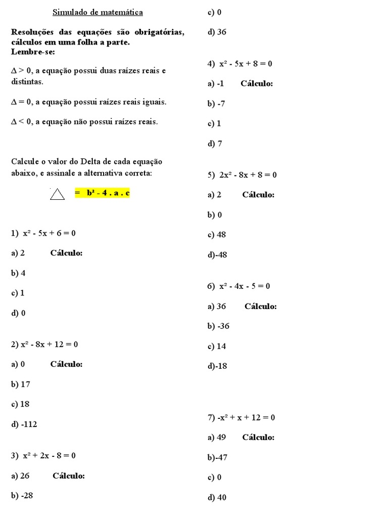 Simulado de Matemática Calculo Do Delta | PDF