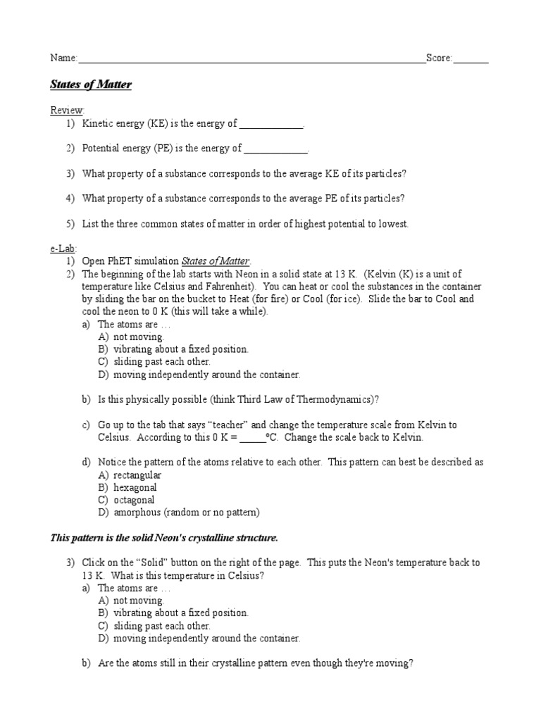 PhET States of Matter Review Worksheet | PDF | Temperature | Matter